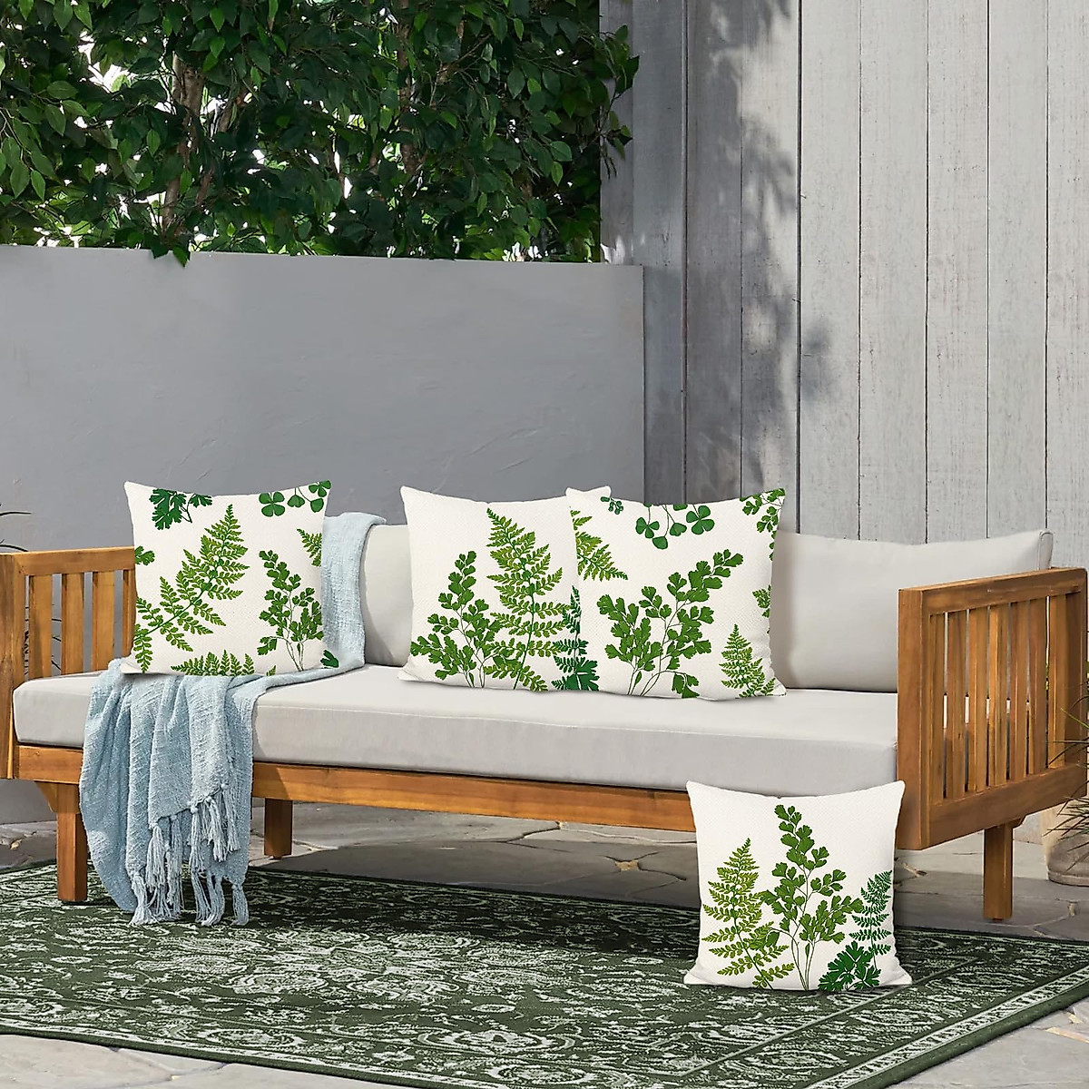 Bonhause Green Leaves Fern Throw Pillow Covers 18x18 Set of 4 Spring Summer Botanical Foliage Decorative Throw Pillow Cases Linen for Sofa Garden Couch Home Decor