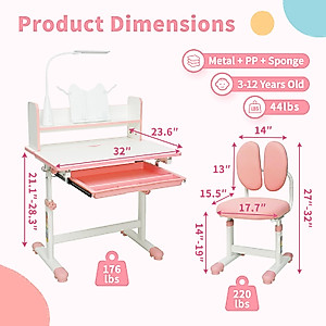MOOITZ Kids Desk and Chair Set, Height-Adjustable Desk for Kids, Kid Desk with Led Lamps, Childrens Desk with 60° Tilting Tabletop, Upholstered Recliner and Multiple Extra-Large Storage Drawer (Pink)