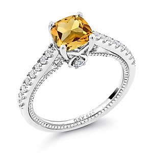 Gem Stone King 925 Sterling Silver Yellow Citrine and White Created Sapphire Engagement Ring For Women (1.20 Cttw, Cushion 6MM, Gemstone November Birthstone, Available In Size 5, 6, 7, 8, 9)