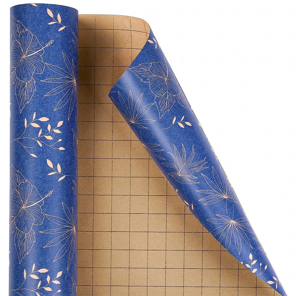 RUSPEPA Kraft Wrapping Paper Roll - Blue Flowers and Plants Pattern - 30 Inches x 100 Feet