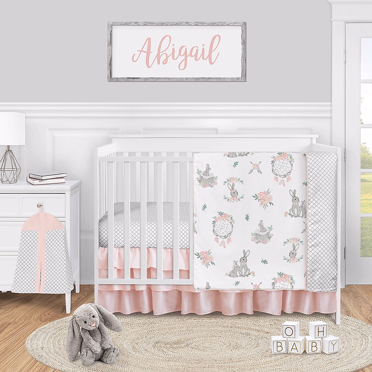 Sweet Jojo Designs Woodland Bunny Floral Girl Baby Playmat Tummy Time Infant Play Mat - Blush Pink and Grey Boho Watercolor Rose Flower Dream Catcher