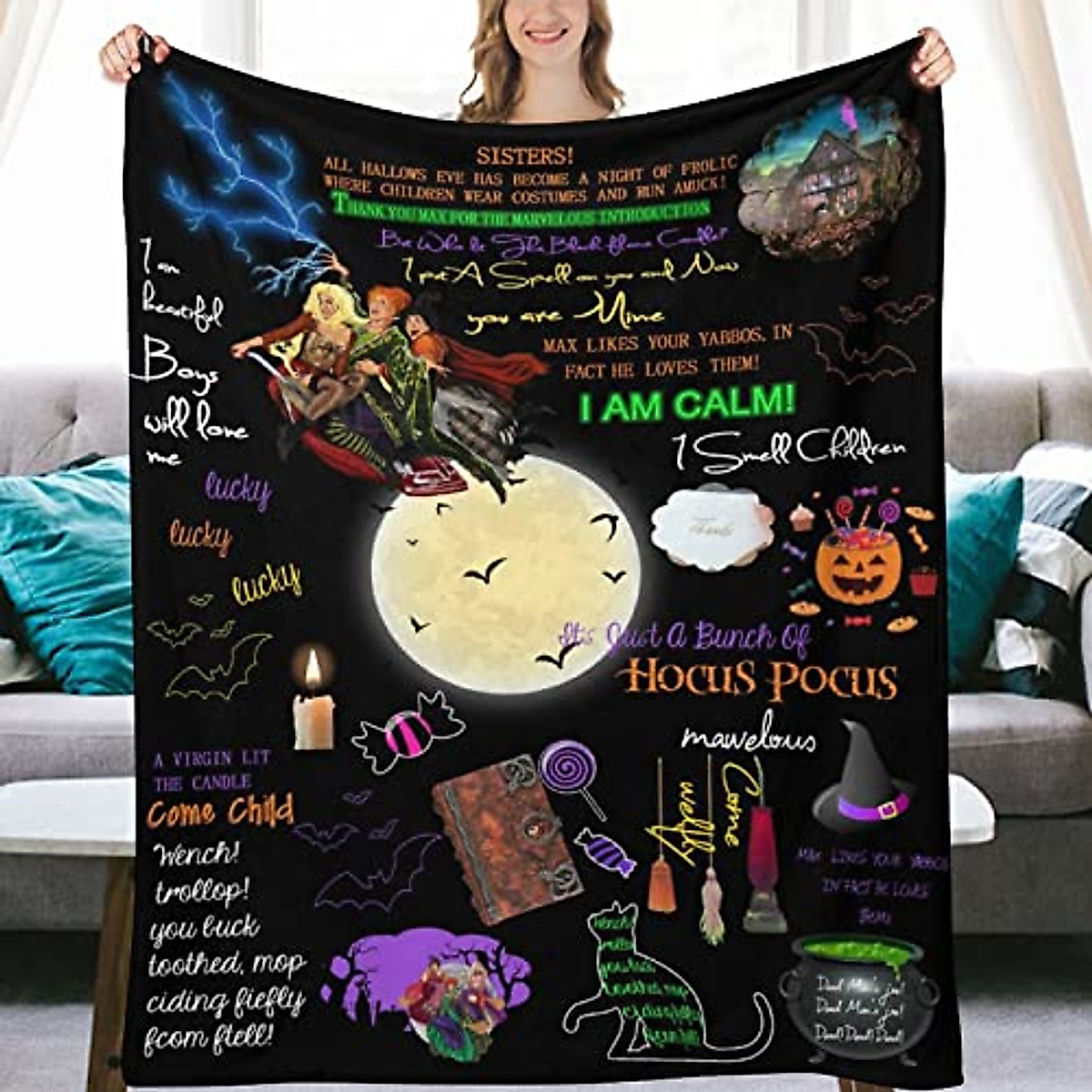 Hocus Pocus Blanket Halloween Throw Flannel Fleece Blankets Sanderson Sisters Soft Plush Blanket for Couch Sofa Bed Home Decorations 50"x40"
