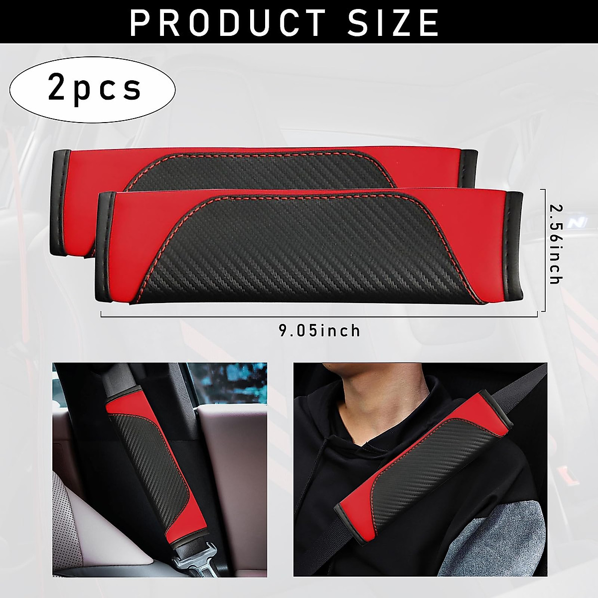 Ziciner 2 PCS Car Seat Belt Cover, Soft Carbon Fiber Leather Safety Belt Shoulder Strap Pads, Breathable Harness Pad Helps Protect Your Neck & Shoulders Universal for Car, Truck, SUV (Black&Red)