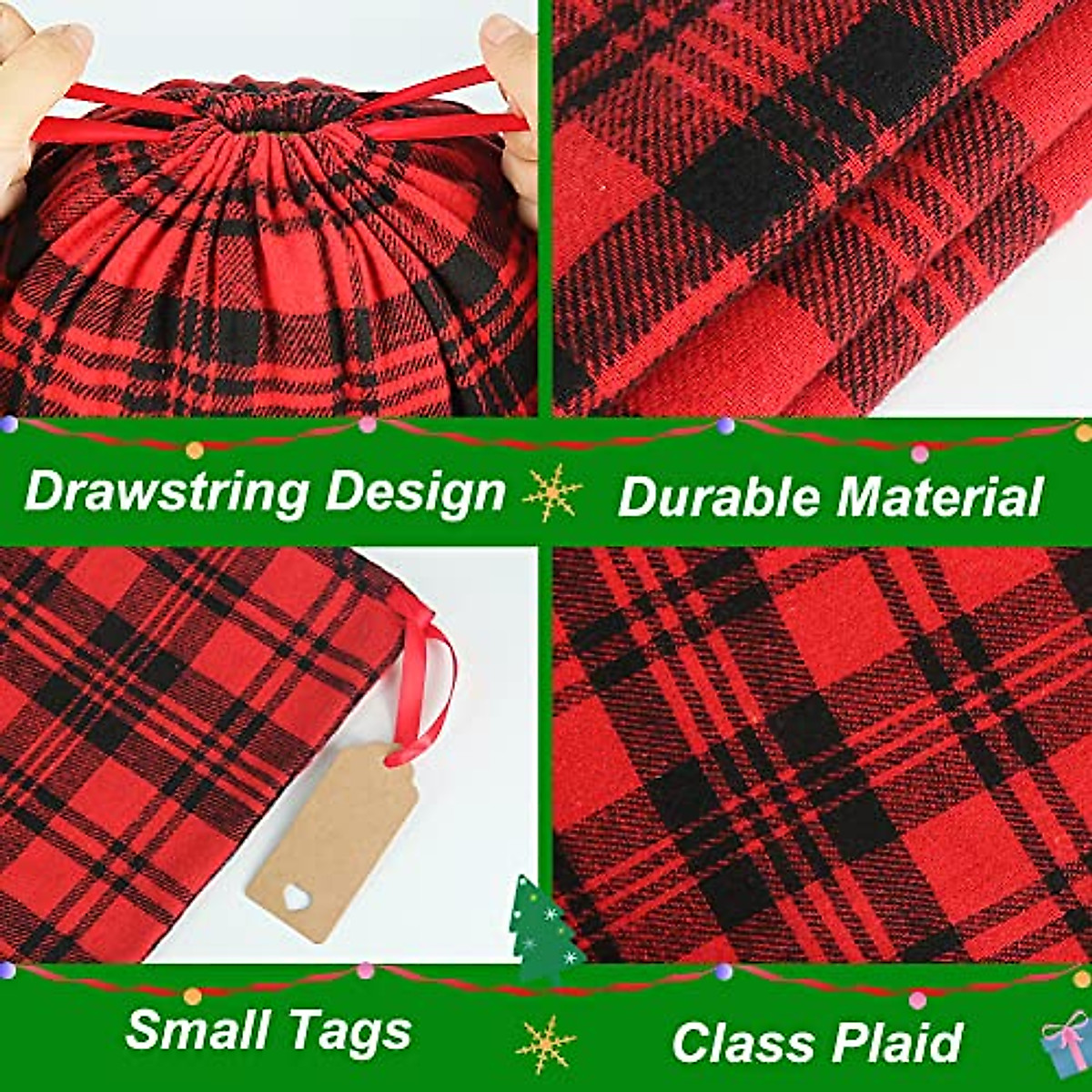 YQL Buffalo Plaid Drawstring Bags, 9Pcs Soft Flannel Christmas Gift Bags Assorted Sizes Christmas Fabric Bags Reusable Christmas Gift Bags for Christmas Package Birthday Holiday Party(Red&Black)