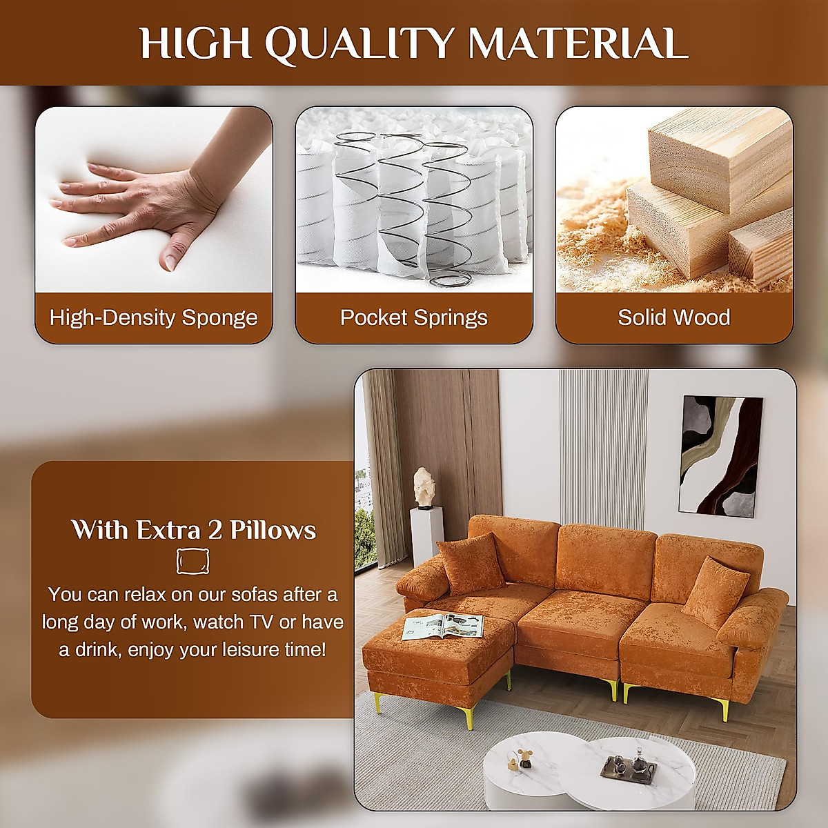 Wrofly L Shaped Sectional Sofa Couch, 88.5" Comfy Upholstered Velvet 3 Seat Sofa Set with Convertible Ottoman & 2 Pillows, Modern Deep Seat Cloud Couch for Living Room Office Apartment, Orange