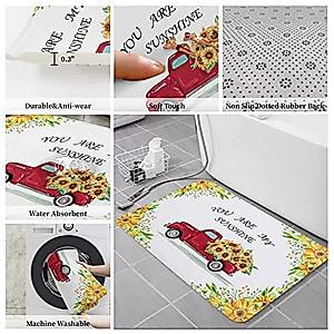 Kitchen Rug and Mat Set You re My Sunshine,Water Absorption Floor Doormat Floral Country Red Truck Car with Yellow Sunflower,Washable Carpet for Kitchen Sink Laundry Bar Decor 18x30+18x48In