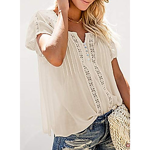 Dokotoo Womens Ladies 2023 Summer Sexy Lace V Neck Eyelet Short Sleeve Boho Shirts Spring Casual Loose Solid Chiffon Blouses for Women Tops Apricot 1X Large
