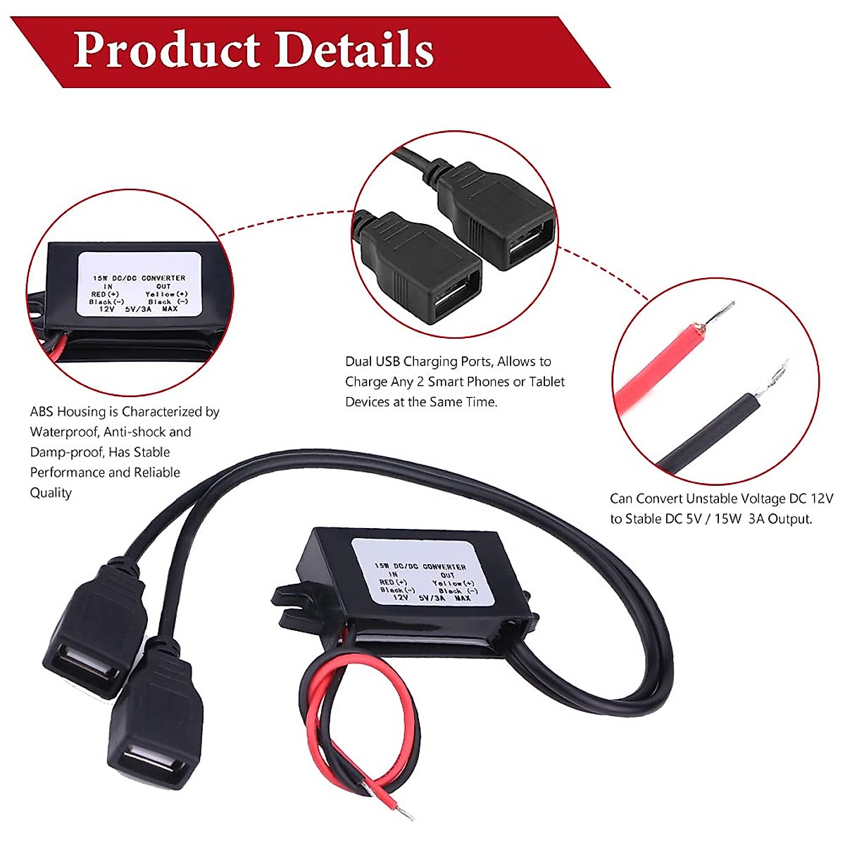 DC Converter 12V to 5V 3A 15W DC Buck Converter Module, DC to DC Reduced Voltage Regulator Car Power Converter Output Power Adapter (Double USB Interface)