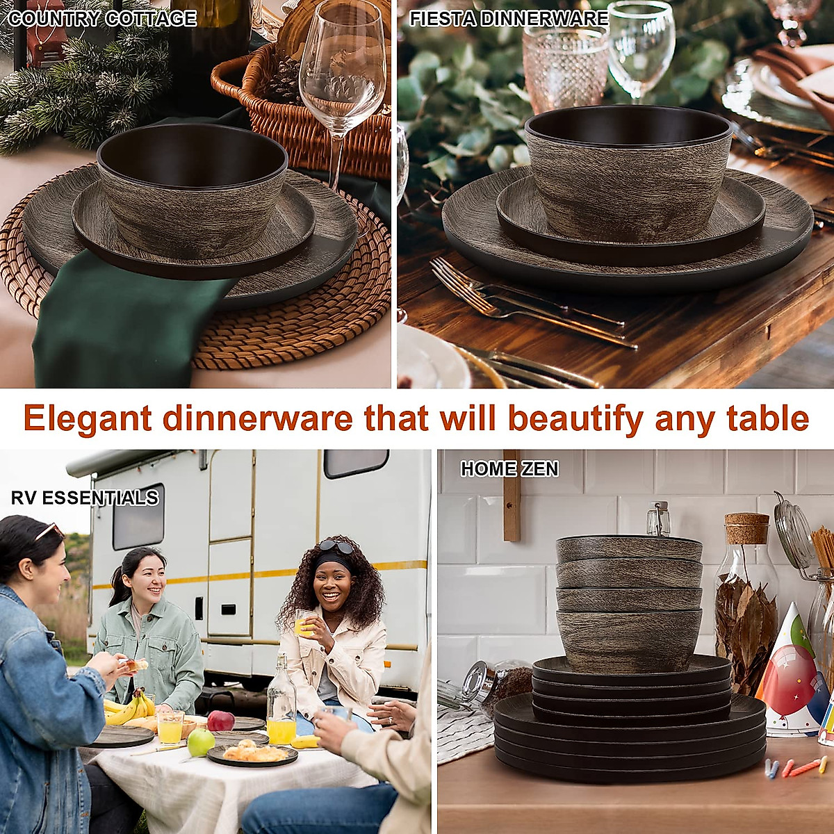 forlent 12 Piece Melamine Dinnerware Sets for 4 - Plastic Wood Grain Plates and Bowls Sets Best for Indoor Outdoor Grill Holiday Party Camping BPA-Free Dishwasher Safe