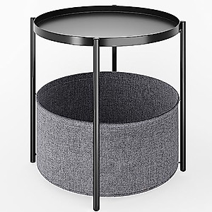 Fixwal End Tables with Fabric Storage Basket, SideTables Bedroom, Metal Small Bedside Table Nightstand with Removable Tray for Living Room, Nursery, Laundry, Black Nightstand