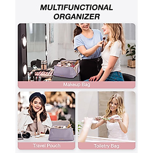 BAGSMART Makeup Bag, Travel Cosmetic Bag Organizer, PU Leather Water-Resistant Pouch, Open Flat Makeup Storage for Toiletries, Brushes, PU Leather Purple