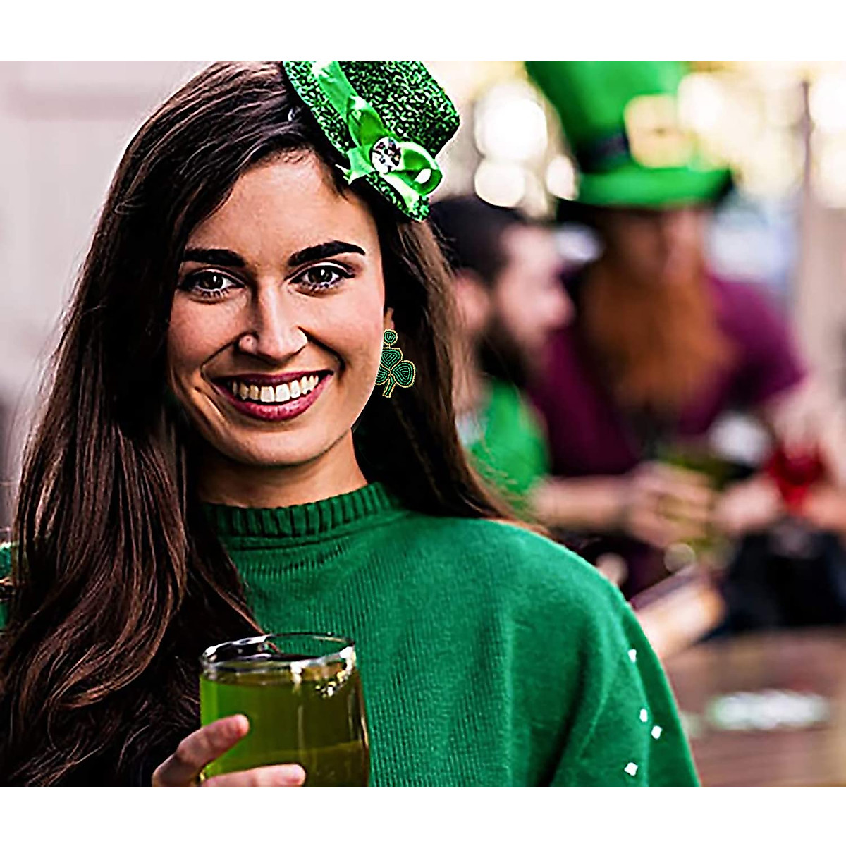 St Patricks Day Earrings Dangling Beaded Green Shamrock Earrings Handmade Lucky Clover Beer Glass Leprechaun Teardrop Drop Dangle Earrings Funny Irish Holiday Jewelry Gift for Women