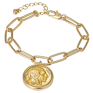 American Coin Treasures Buffalo Nickel Gold-Layered Coin Elongated Link Bracelet | Goldtone Clip Style | 7 Inch 3 Inch Extender with Lobster Claw Clasp | Certificate of Authenticity
