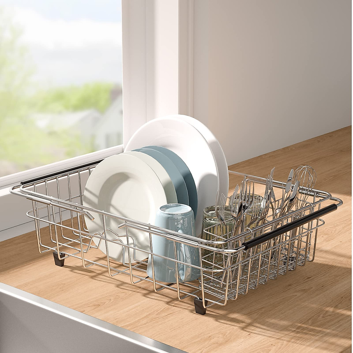 FAWEGO Expandable Sink Dish Drying Rack Adjustable 304 Stainless Steel in Sink Dish Drainer, Rustproof Dish Rack for Sink or Counter top