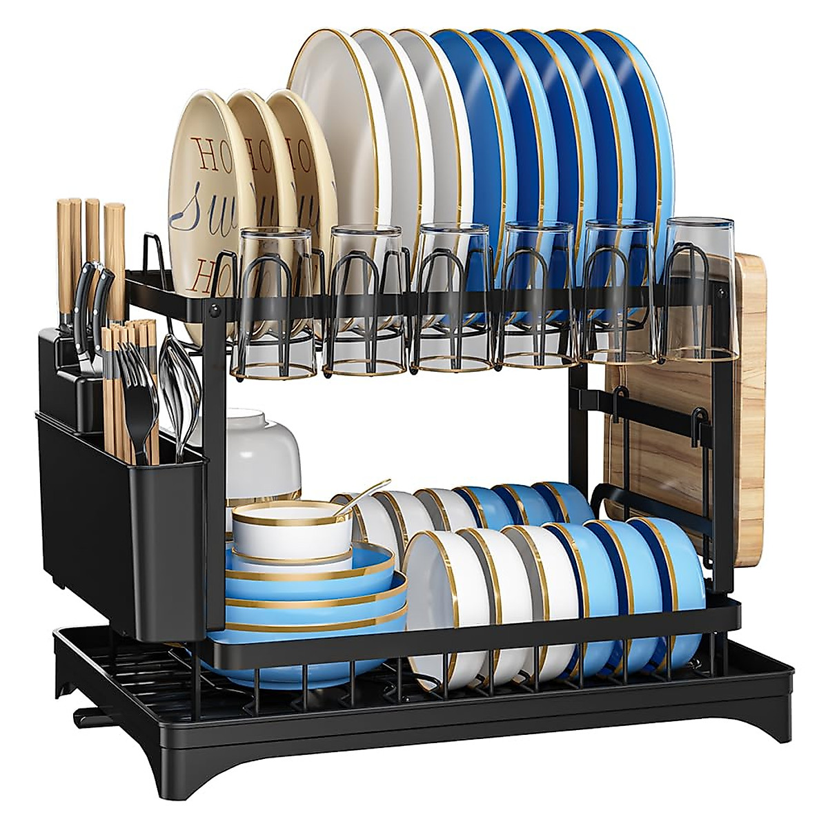 Stoigeld 2-Tier Dish Drying Rack with Utensil Holder,Stainless Steel Dish Rack with Drainboard for Kitchen Counter,Kitchen Organizers and Storage Rack (Black)