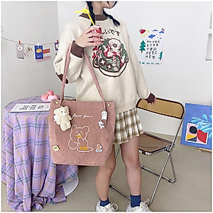 Women Corduroy Shoulder Bag Cute Bear Canvas Tote Bag Large Corduroy Hobo Bag Casual Shoulder Handbag for Work School Travel (Pink)