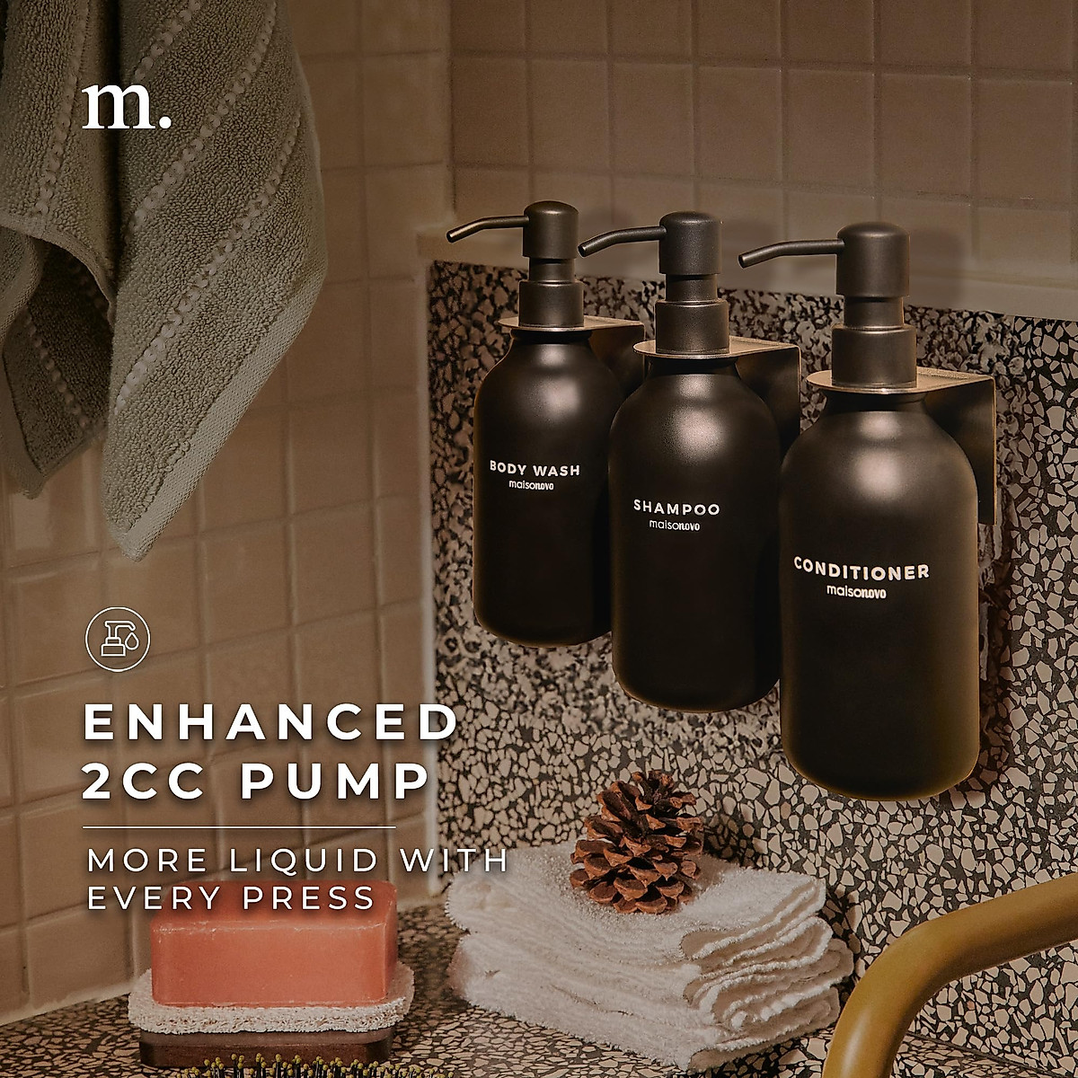 MaisoNovo Shampoo and Conditioner Dispenser with Wall Mounts - 3 Black Plastic Bottles & 1 Amber Plastic Bottle