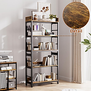 Aquzee Bookshelf, 66" H 5-Tiers Heavy Duty Industrial Shelving Wood & Metal Bookcase, Rustic and Black Tall Shelf Units for Home, Office, Living Room