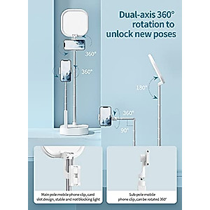 yAyusi Phone Stand for Recording, Overhead 360° Rotation with Two Phone Holders, Content Creator Kit, Rechargeable Adjust Foldable 15 Brightness LED Light for Live Streaming/YouTube/Video Recording
