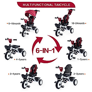 JMMD Baby Trike, 6-in-1 Kids Stroller Tricycle with Adjustable Push Handle, Removable Canopy, Safety Harness for 6 Months - 5 Year Old(Red)