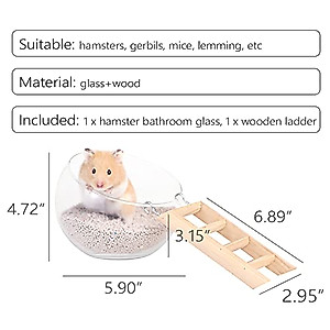 Kelendle Hamster Glass Bathroom with Wooden Ladder Transparent Glass Hamster Toilet Hamster Sand Bath Container Small Animal Cage Accessories for Indoor and Outdoor Decoration