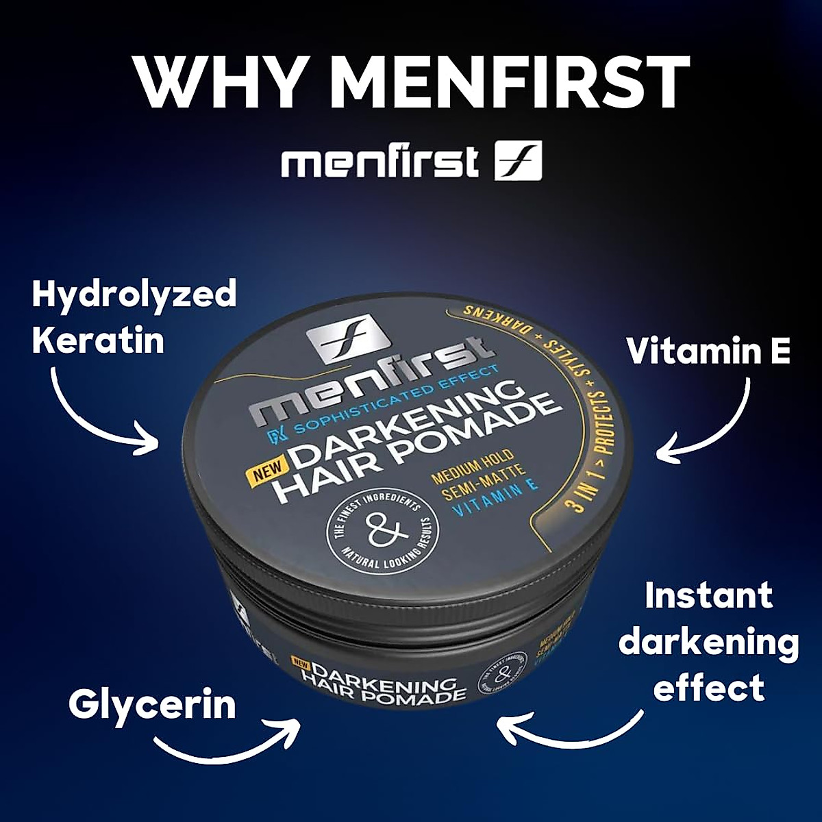 MENFIRST - Hair and Beard Pomade for Men - Instant Gray Coverage for Medium Brown to Black Styling Paste - Darkens White Hair Like a Wax - 1 Pack