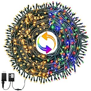 Beauhom Extentable Lightchain 300LED 98ft 8 Modes Green Wire Warm White & Multi-Colored Connectable Plug in UL Transformer Outdoor Use Christmas Tree Light Party Garden Patio Decoration