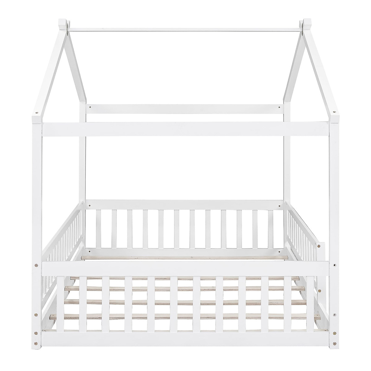 Harper & Bright Designs Full House Bed with Rails,Full Floor Bed for Kids,Full Size Montessori Bed Frame with Support Slats,Wooden Kids Full Playhouse Beds for Boys Girls(White)
