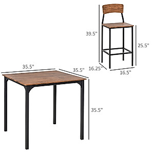 HOMCOM Counter Height Bar Table Set for 4, Square Kitchen Table and Chairs Set with Footrest, Metal Legs, Industrial Dinner Table Set for 4, Walnut