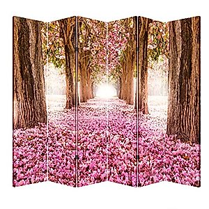 TOA Wooden Folding Screen Canvas Privacy Partition Divider- Forest (6 Panel Pink Pathway)