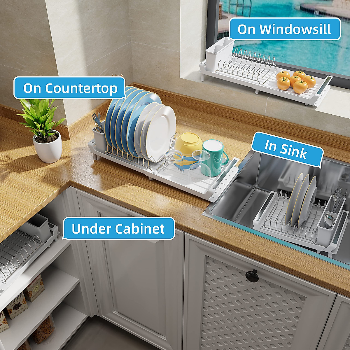 PETXPERT Dish Drying Rack, Expandable Dish Rack for Kitchen Counter with Utensil Holder, Stainless Steel Small Dish Drainer Organizer with Drainboard for Kitchen in Sink (Grey)