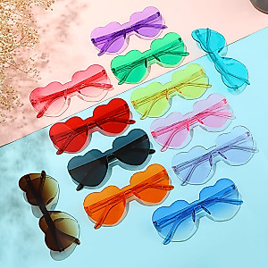Colrea 12 Pairs Heart Sunglasses for Women Men, Trendy Heart Shaped Rimless Transparent Sunglasses, Colorful Frameeless Heart Glasses, Bachelorette Party Favors