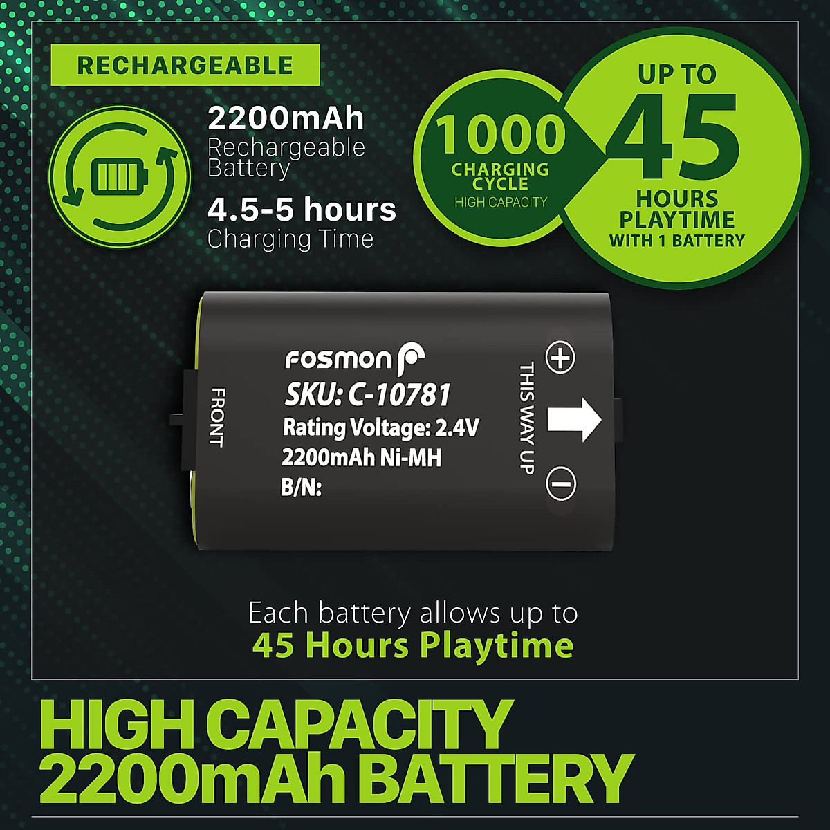 Fosmon 2200mAh Rechargeable Battery Pack Compatible with Xbox Series X/S, Xbox One/One X/One S Elite Controllers - 1 Pack, Recharge C-10777 Battery Charger (Not Included)