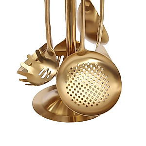 Gold Cooking Utensils Set with Holder, 7 PCS 304 Stainless Steel Cooking Kitchen Utensil Set with Rotating Holder, Spatula, Slotted Turner, Ladle, Skimmer, Pasta Server, Large Rice Spoon