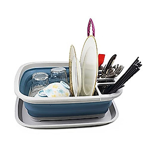 SAMMART 8L (2.11Gallons) Collapsible Dish Drainer with Drainer Board - Foldable Drying Rack Set - Portable Dinnerware Organizer - Space Saving Kitchen Storage Tray (Grey/Steel Blue, 1)