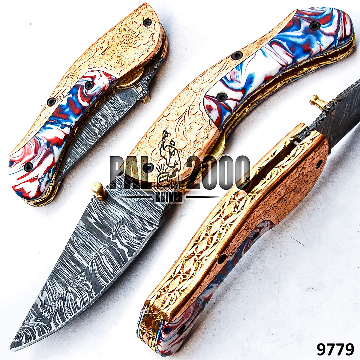 PAL 2000 HUNTING KNIVES FPK-9779 Folding Hunter Damascus Steel Pocket Knife with Sheath Handmade