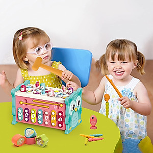 VEAIS Hammering Pounding Toys, 8 in 1 Wooden Montessori Fishing Game Xylophone Whack a Mole Game, Baby Early Development Toy Toddler Activities Gift Age2 3 4+ (Standard)…