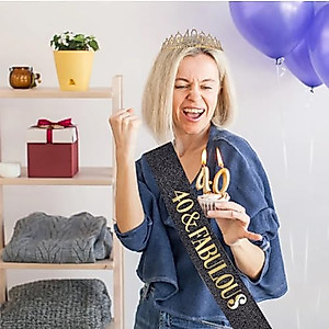 Black Gold 40 & Fabulous Sash & Rhinestone Tiara Set, 40th Birthday Gifts for Women, Birthday Sash/Tiara for Women's 40th Birthday Party Decoration (Black 40th)