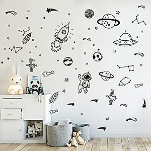 Wall Decor for Boys Room Art Outer Space Star Rockets Planets Stickers Removable Space Wall Decal for Children Bedroom Decoration (Black)