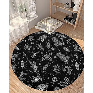 Christmas Flower Fluffy Round Area Rug Carpets 3.3ft, Plush Shaggy Carpet Soft Circular Rugs, Non-Slip Fuzzy Accent Floor Mat for Living Room Bedroom Nursery Decor Black White Pine Tree Leaves Cone