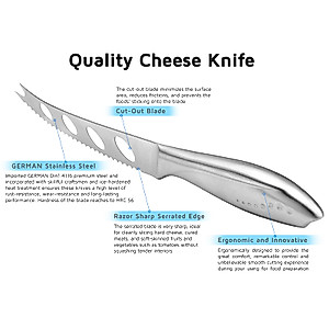 WELLSTAR Cheese Knife, Serrated Tomato Knife 5 Inch Sharp High Carbon Stainless Steel Blade for Cutting All Cheese Types – Silver