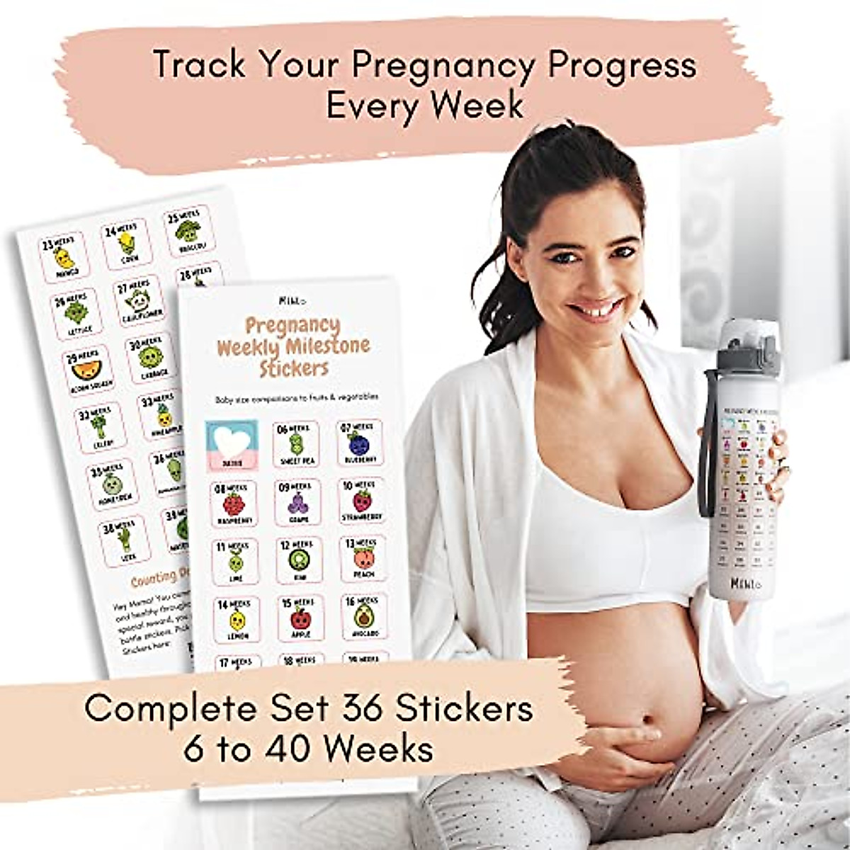 Mewl Pregnancy Water Bottle Tracker with Straw (BPA Free) - Weekly Pregnancy Milestone Stickers & Motivational Water Bottle with Time Marker - Pregnancy Must Haves & First Time Mom Gift