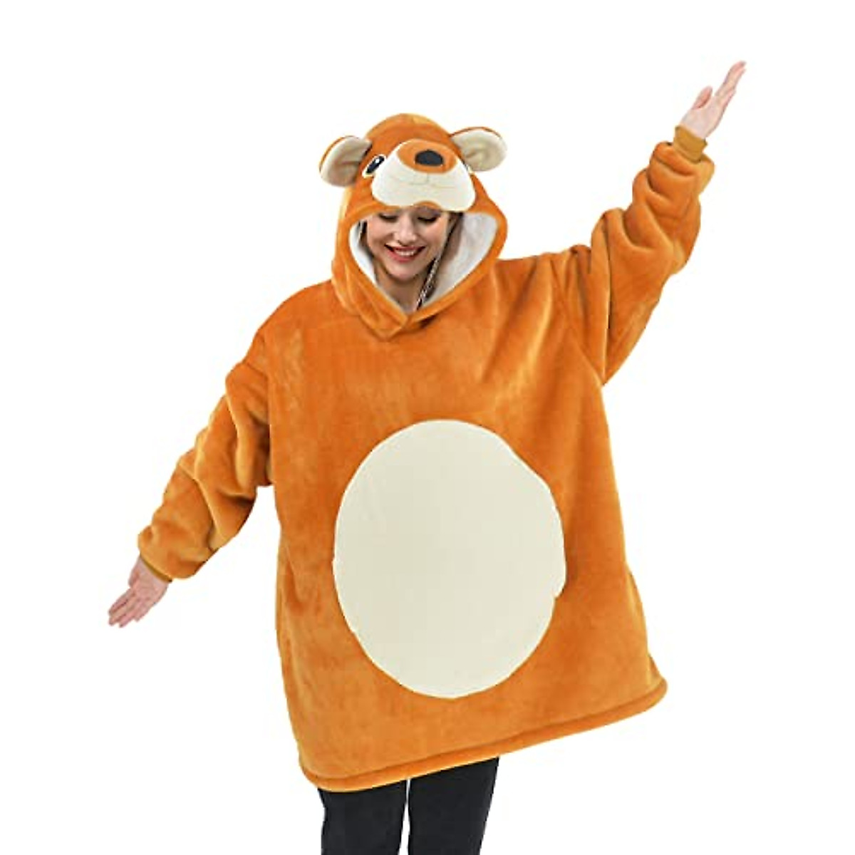 LASSUPIN Teddy Brown Bear Wearable Blanket Sweatshirt Sherpa Oversized Hoodie TV-Blanket with Sleeves and Pockets for Adults Men Women Teens One Size Fits All