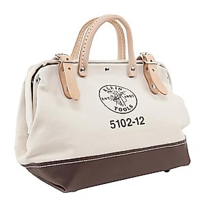 Klein Tools 5102-12 Heavy Duty Natural Canvas Tool Bag, Tool Tote, Multi-Purpose Bag with Wide Hinged Opening and Leather Handles, 12-Inch