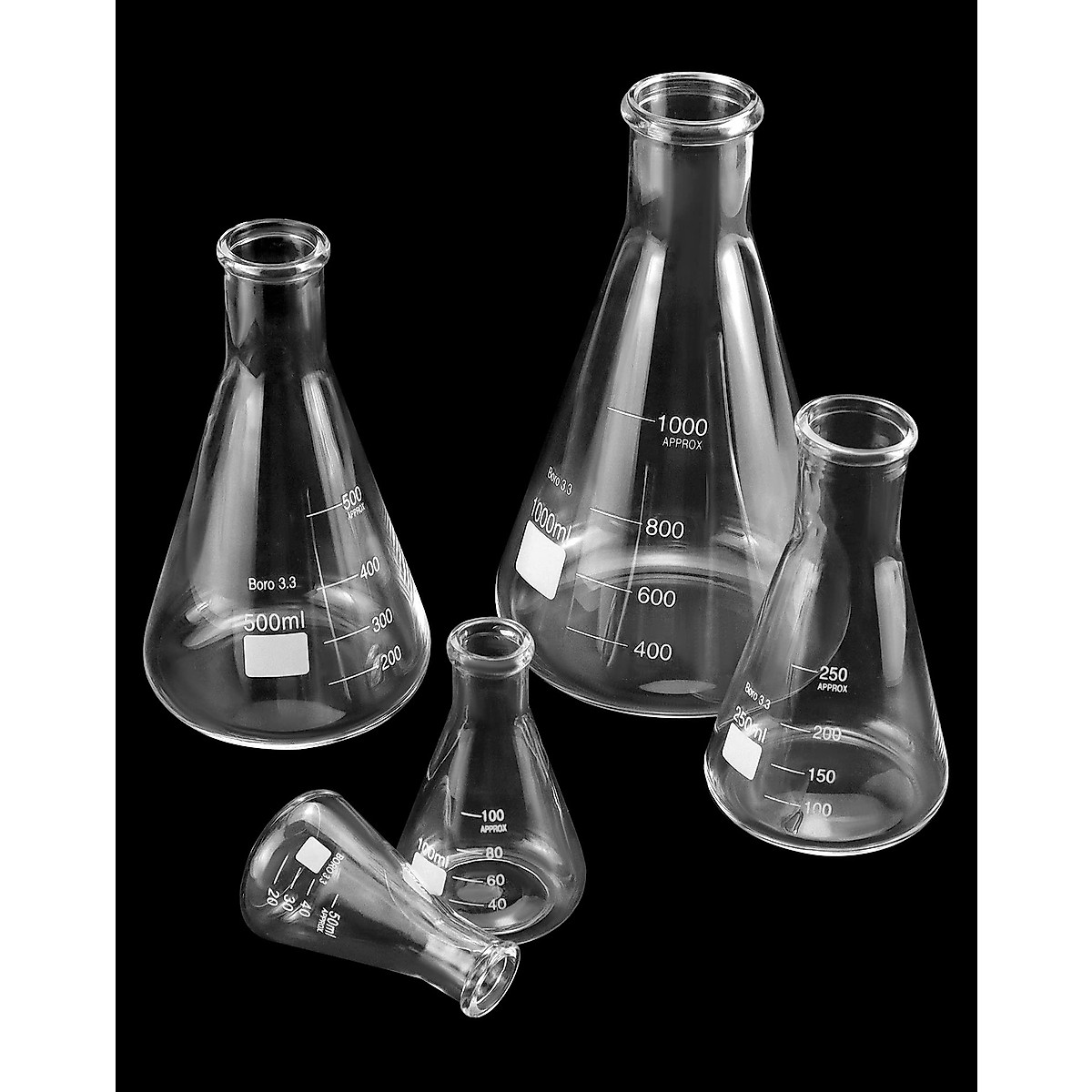 QWORK Erlenmeyer Flask Set - 50ml, 150ml, 250ml, 500ml & 1000ml - Narrow Neck, Clear Graduations - - Borosilicate 3.3 Glass - Ideal for Professional Lab Use