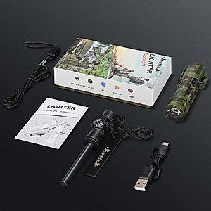 Scotte Electric Lighter USB Rechargeable Plasma Lighter Waterproof Lighter with Flashlight Arc Lighter Include 5 in 1 Magnesium Fire Starter for Outdoor Camping Hiking Tactical Survival Lighter