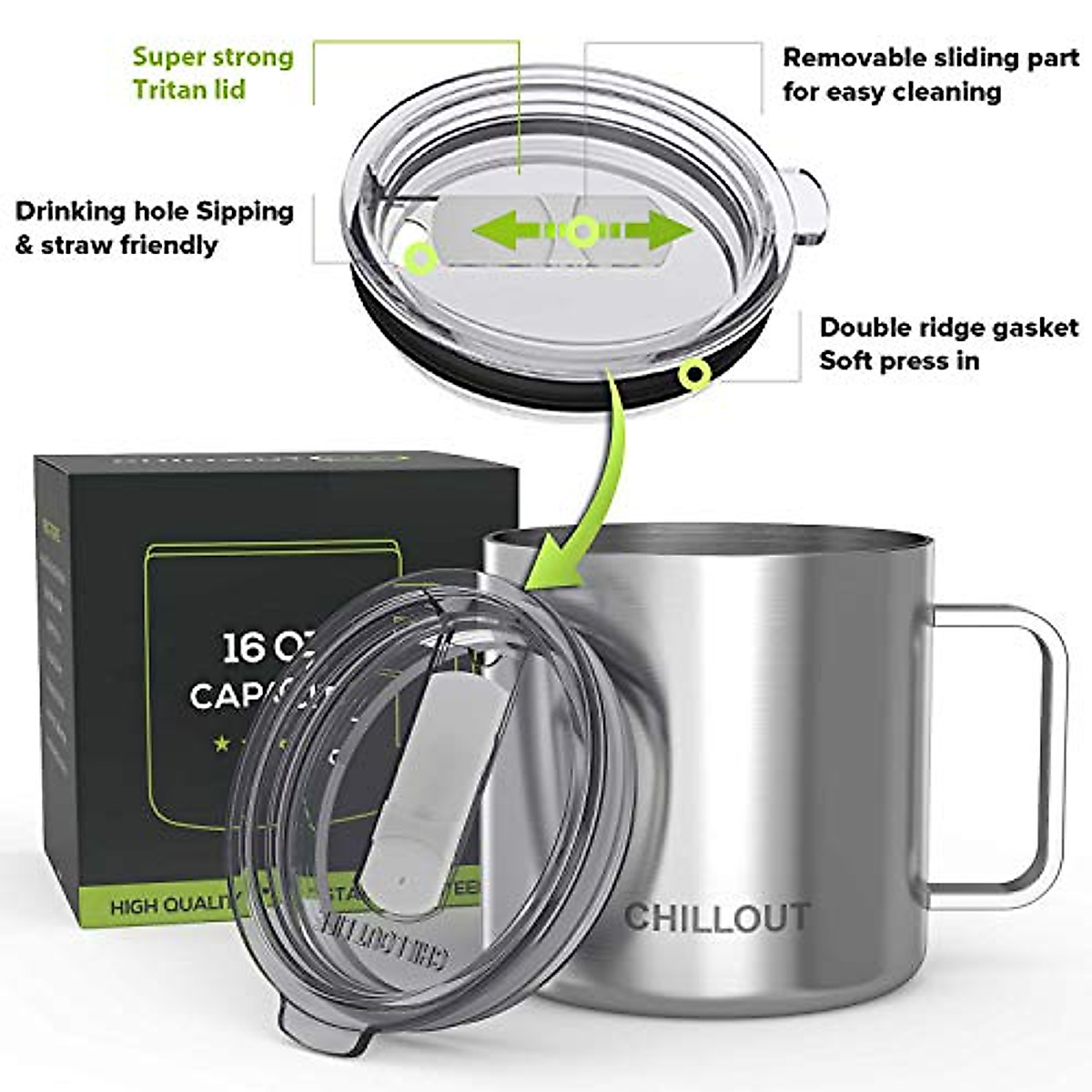 CHILLOUT LIFE Stainless Steel 16 oz Vacuum Insulated Coffee Mug with Handle and Lid, Large Thermal Camping Coffee Mug Cup with Durable Sliding Lid for Men & Women, Keeps your Beverages Hot & Cold