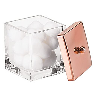 mDesign Modern Glass Square Bathroom Vanity Countertop Storage Organizer Canister Jar for Cotton Swabs, Rounds, Balls, Makeup Sponges, Bath Salts - 2 Pack - Clear/Rose Gold