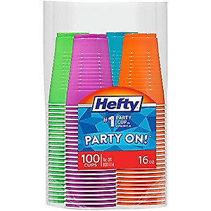 Hefty Party On Disposable Plastic Cups, Assorted, 16 Ounce, 100 Count