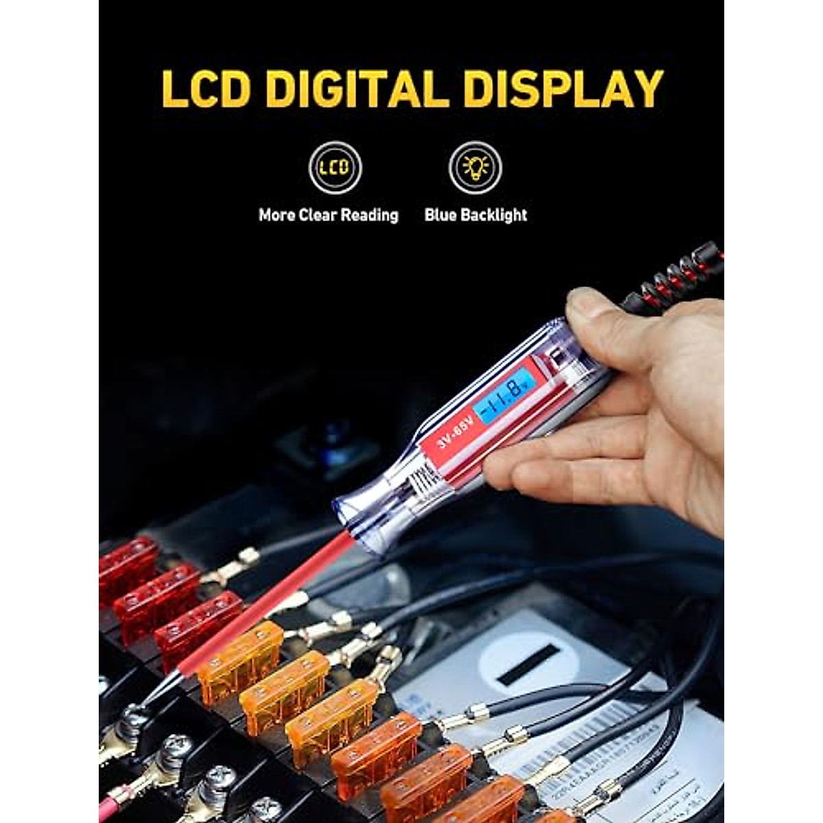 Heavy Duty 3-65V Backlit Digital LCD Circuit Tester, Test Light with 140 Inch Extended Spring Wire, Car Truck Low Voltage & Light Tester with Stainless Probe
